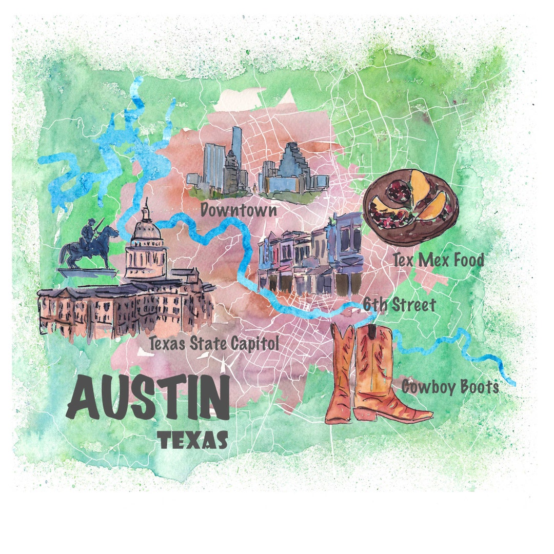 Austin Favorite Map With Touristic Top Ten Highlights Colorful Retro ...
