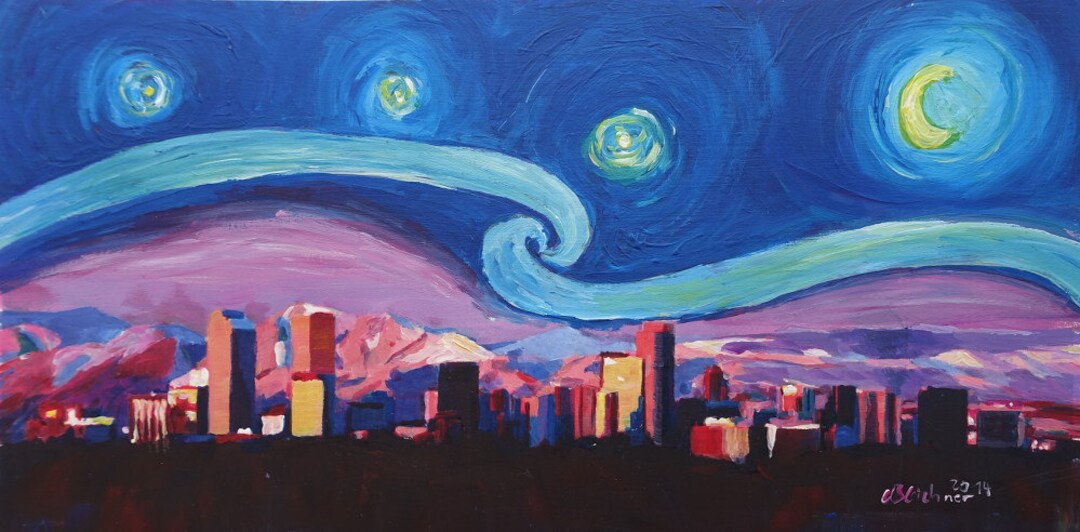 Starry Night in Denver Colorado Van Gogh Inspired Skyline W. Luminous ...