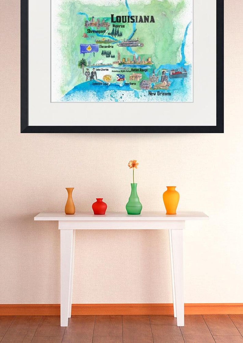 USA Louisiana State Travel Poster Map With Tourist Highlights | Etsy