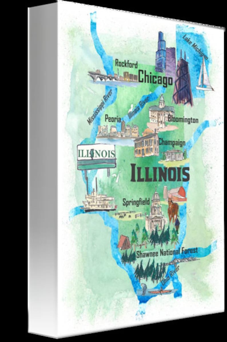 USA Illinois State Travel Poster Map With Tourist Highlights - Etsy