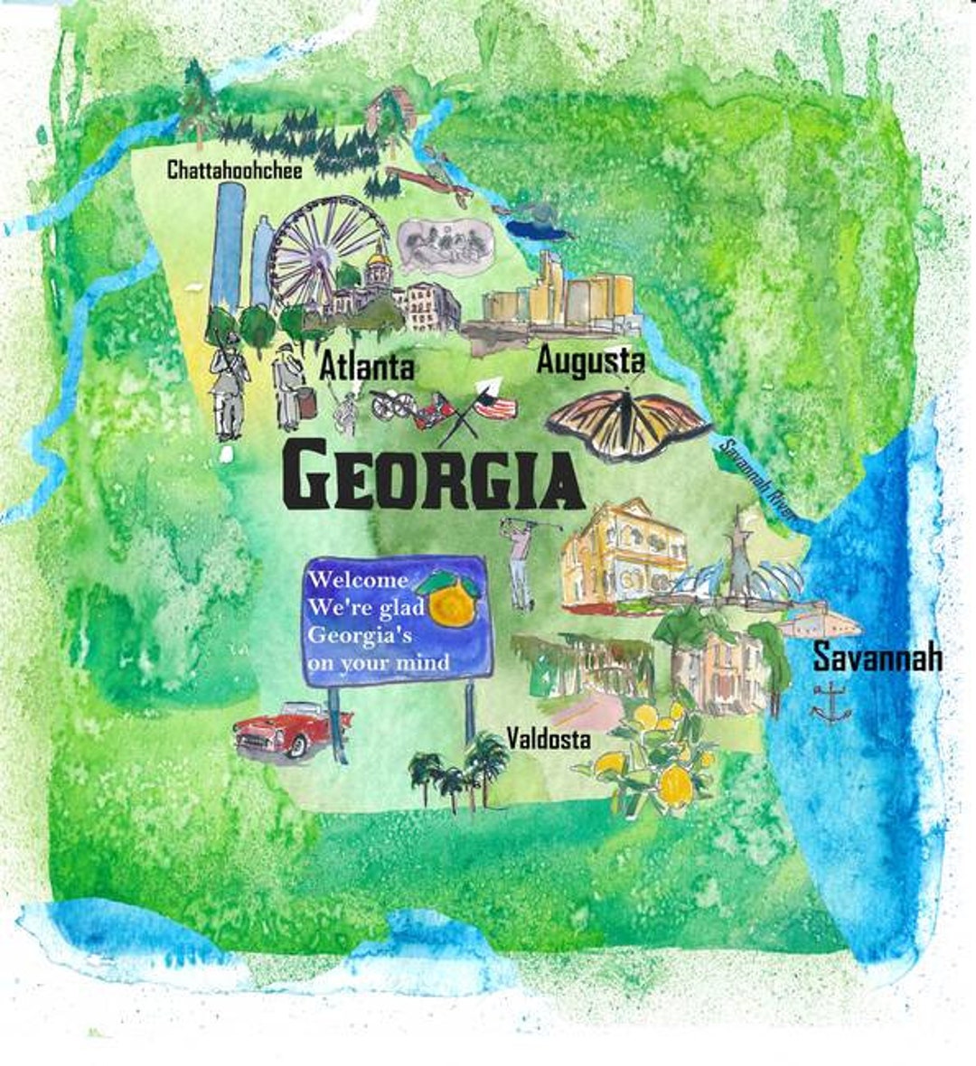 USA Georgia State Illustrated Travel Poster Map With Touristic ...