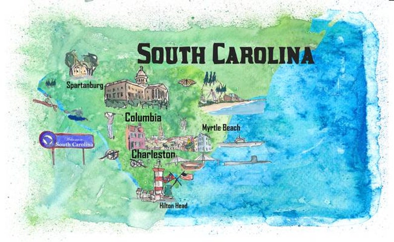 USA South Carolina State Travel Poster Map With Tourist | Etsy
