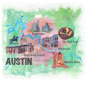Austin Favorite Map With Touristic Top Ten Highlights Colorful Retro ...