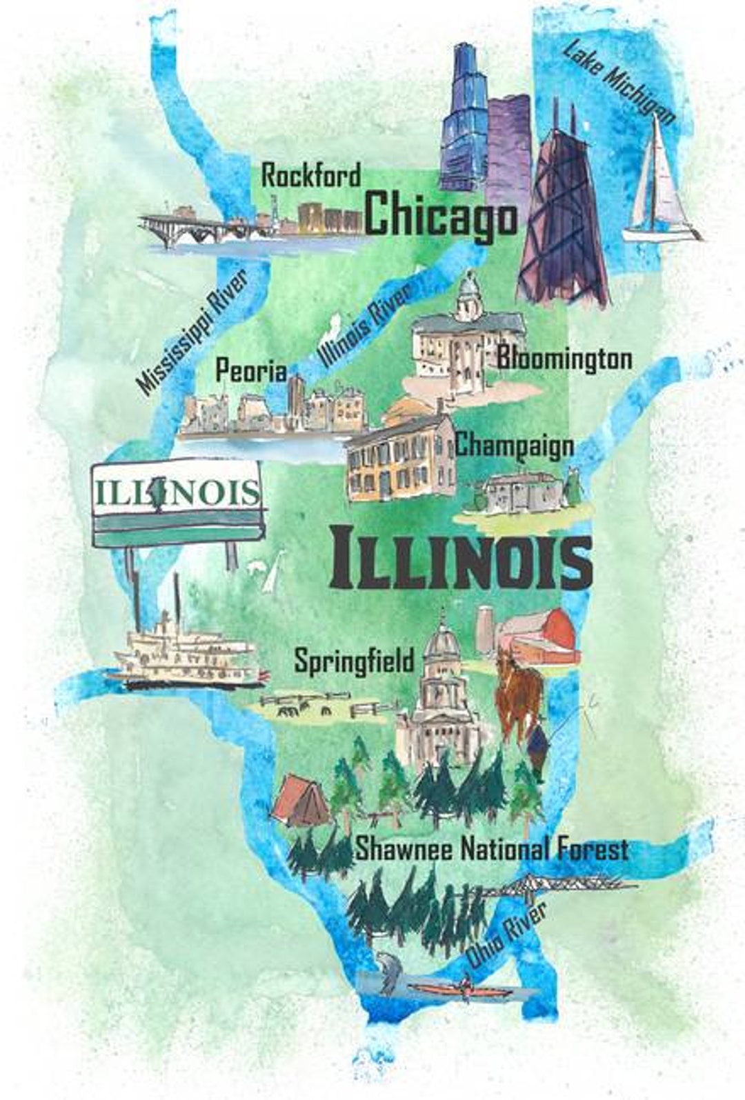 USA Illinois State Travel Poster Map With Tourist Highlights - Etsy