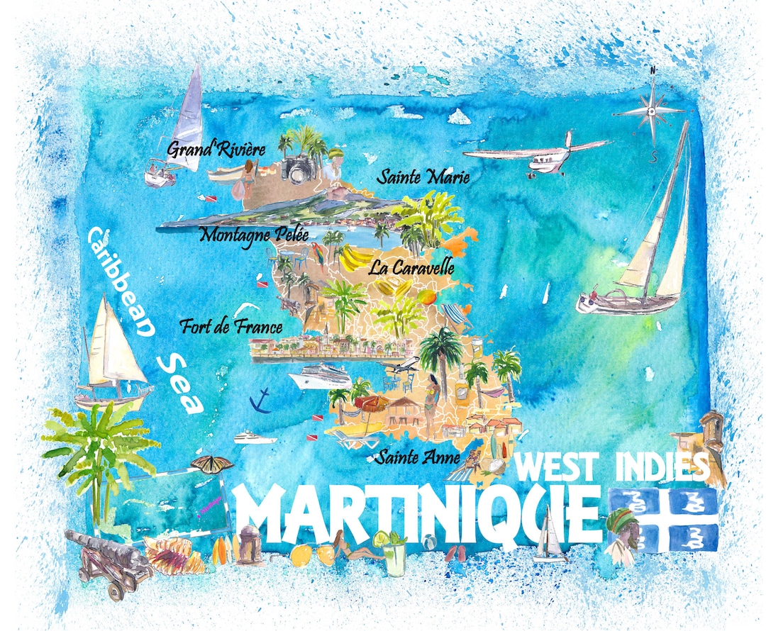 Martinique Antilles Illustrated Caribbean Travel Map With Highlights of ...