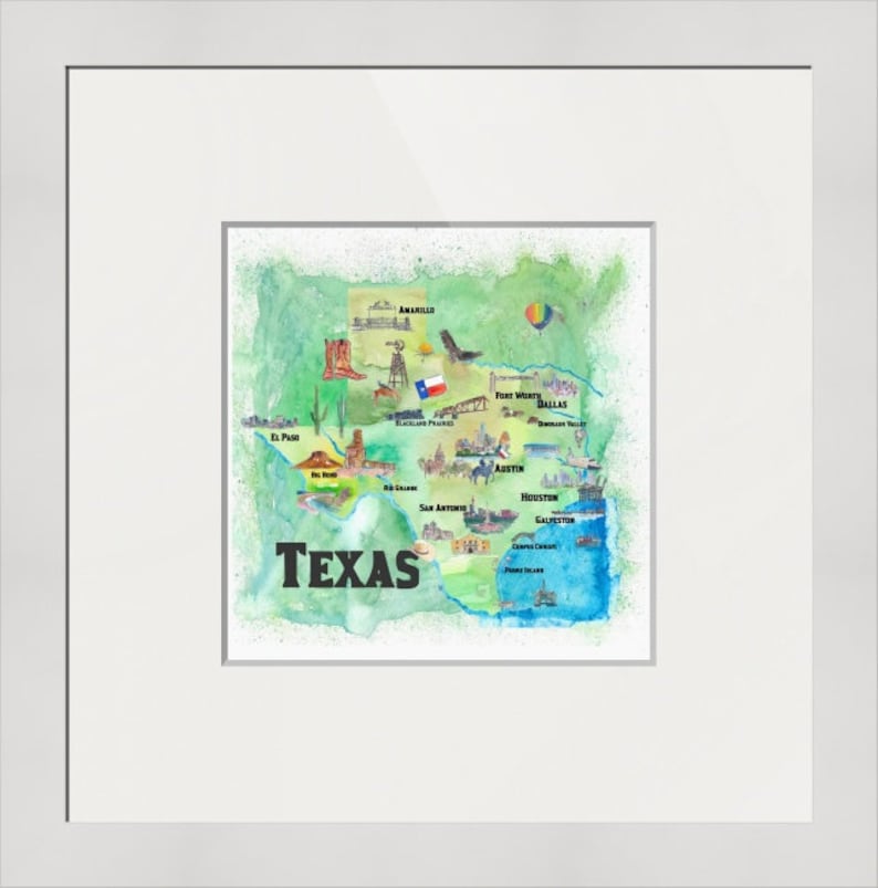 USA Texas State Travel Poster Map with Tourist Highlights | Etsy