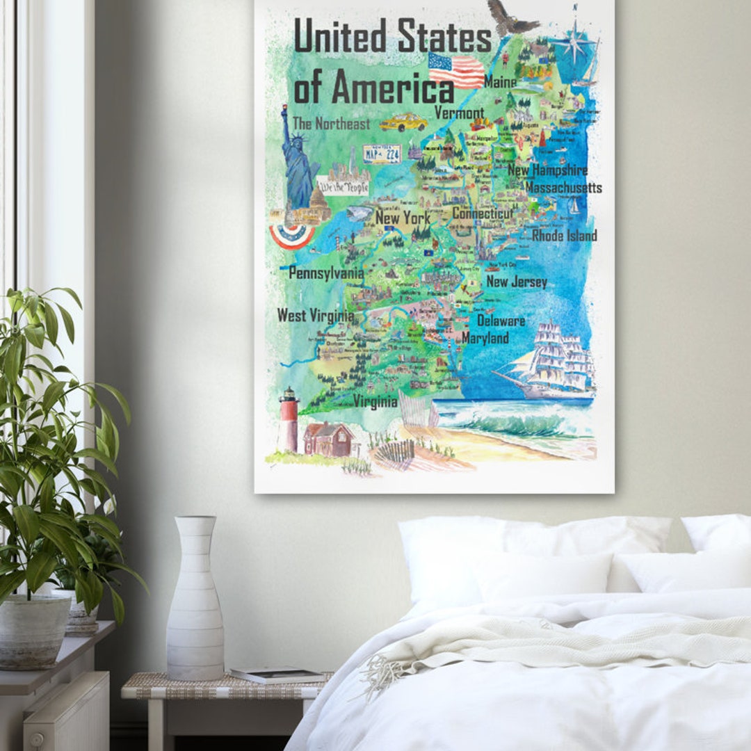 USA Northeast States Travel Poster Map New England States With ...