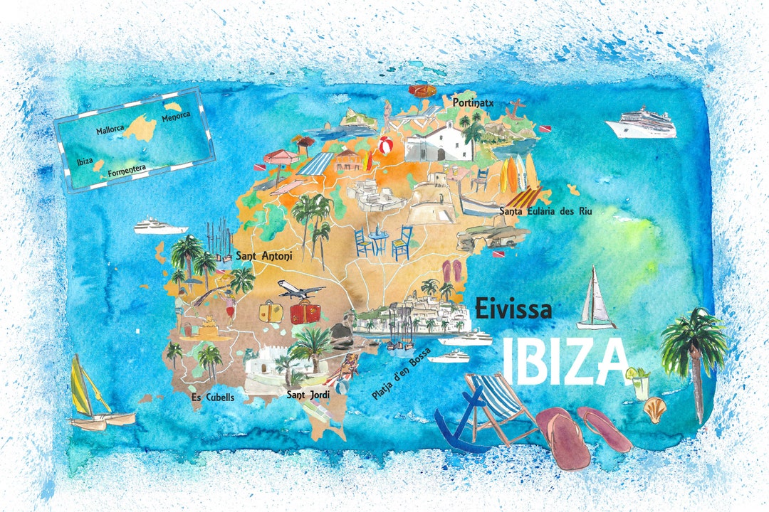 Ibiza Spain Illustrated Map With Landmarks and Highlights - Fine Art ...