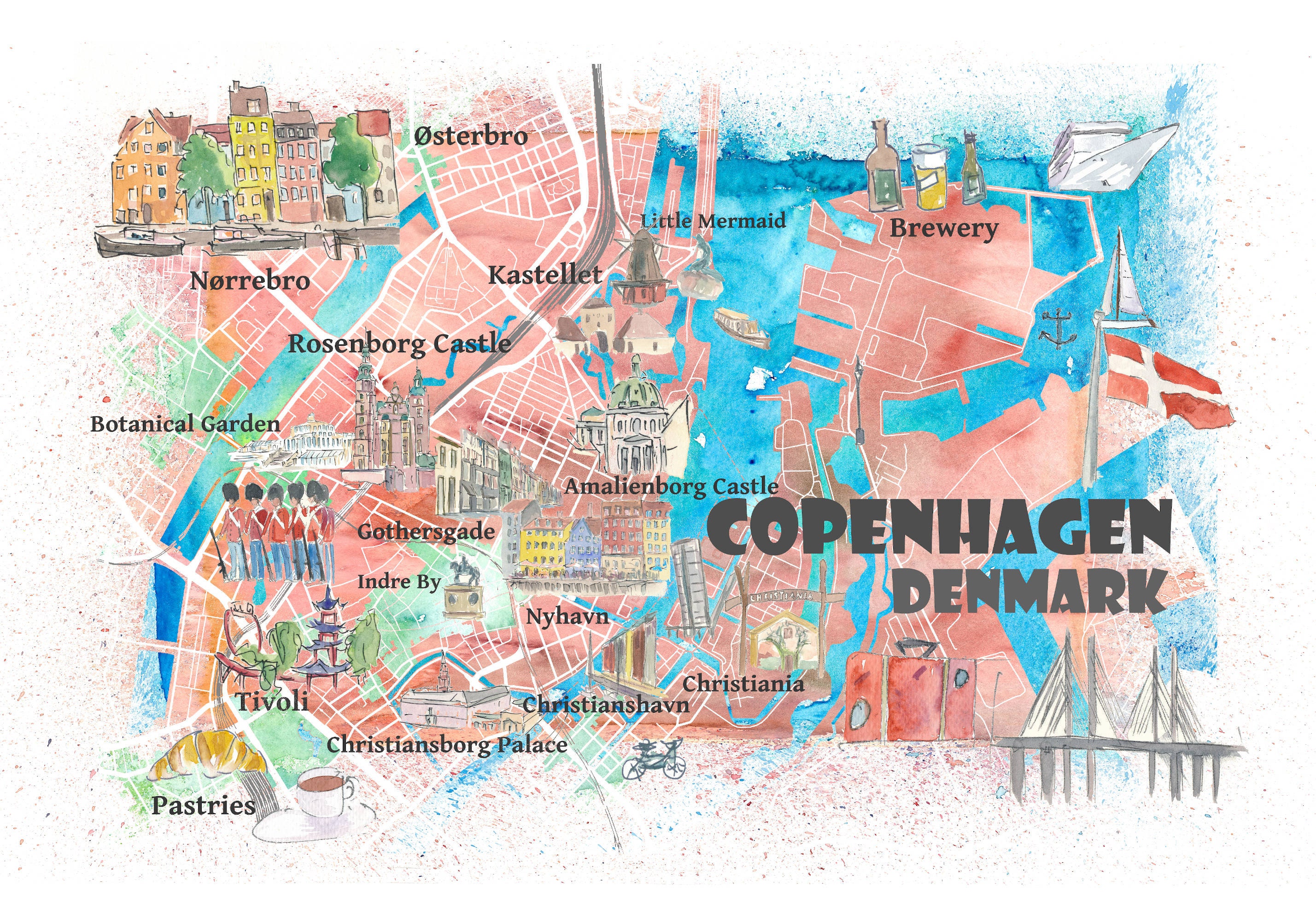 Copenhagen Denmark Illustrated Map with Main Roads Landmarks | Etsy
