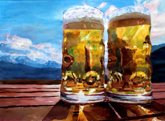 Two Beers With Mountains Painting Limited Edition Fine Art | Etsy