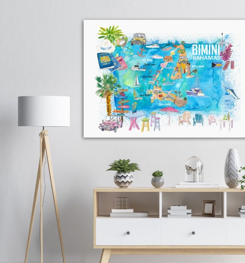 Bimini Bahamas Illustrated Map With Island Tourist Highlights - Fine ...