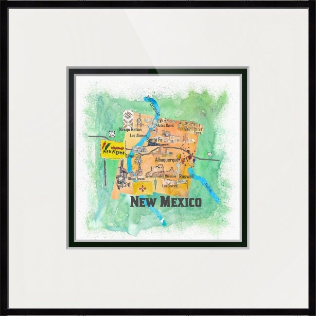 USA New Mexico State Travel Poster Illustrated Art Map - Fine Art Print ...