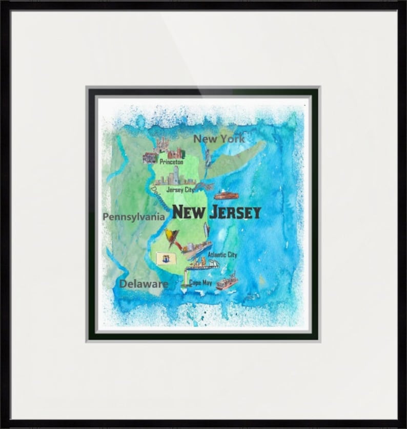 USA New Jersey State Travel Poster Map With Touristic Highlights - Fine ...
