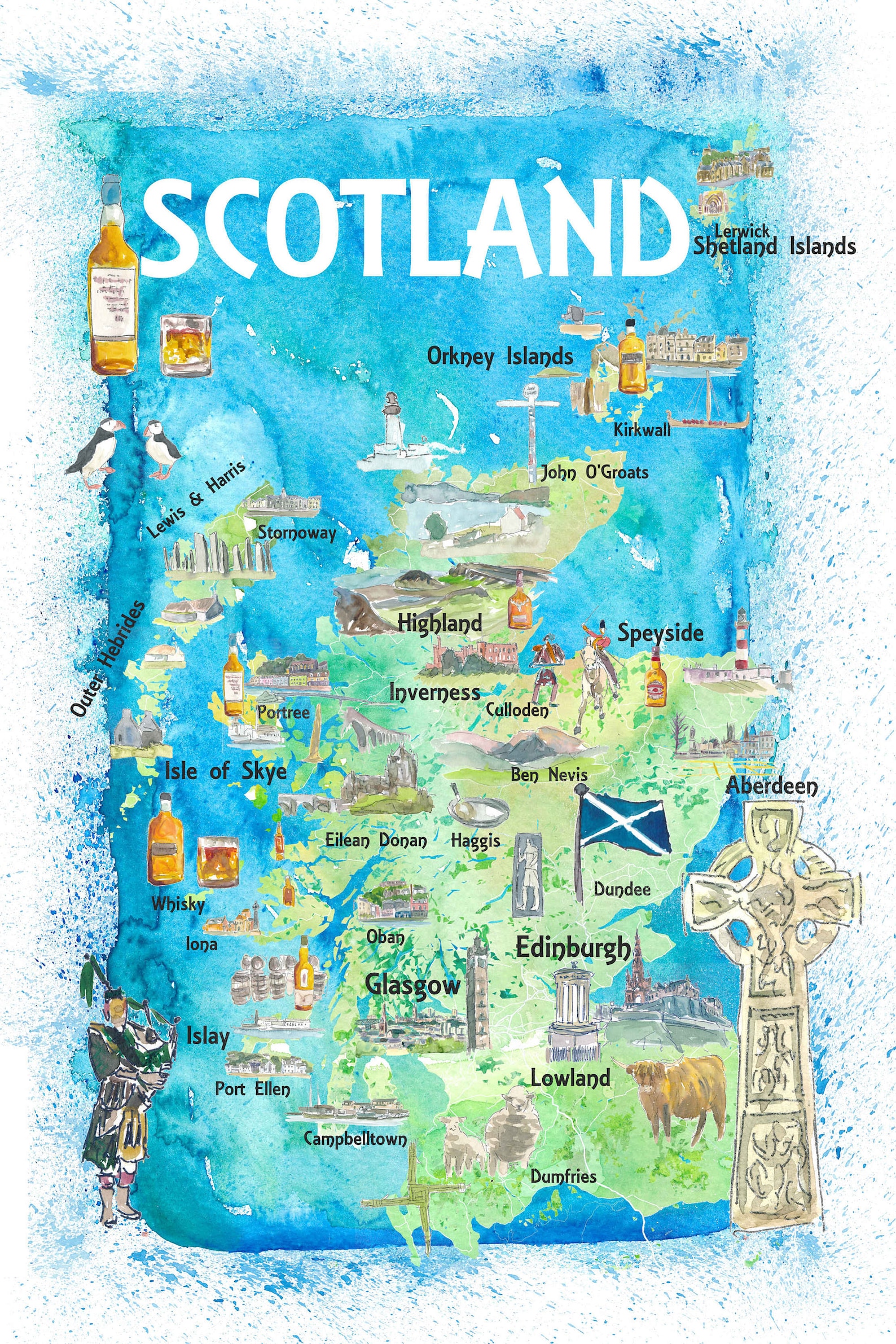 Scotland Illustrated Map With Main Roads Landmarks and - Etsy Norway