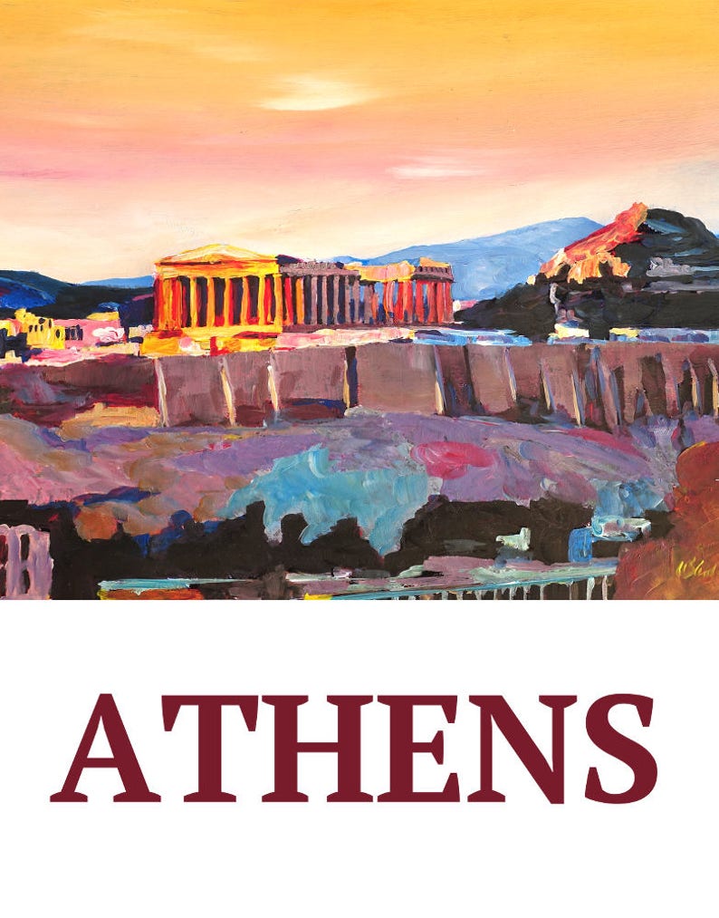 Retro Poster Athens Greece Acropolis at Sunset - Fine Art Print - Etsy