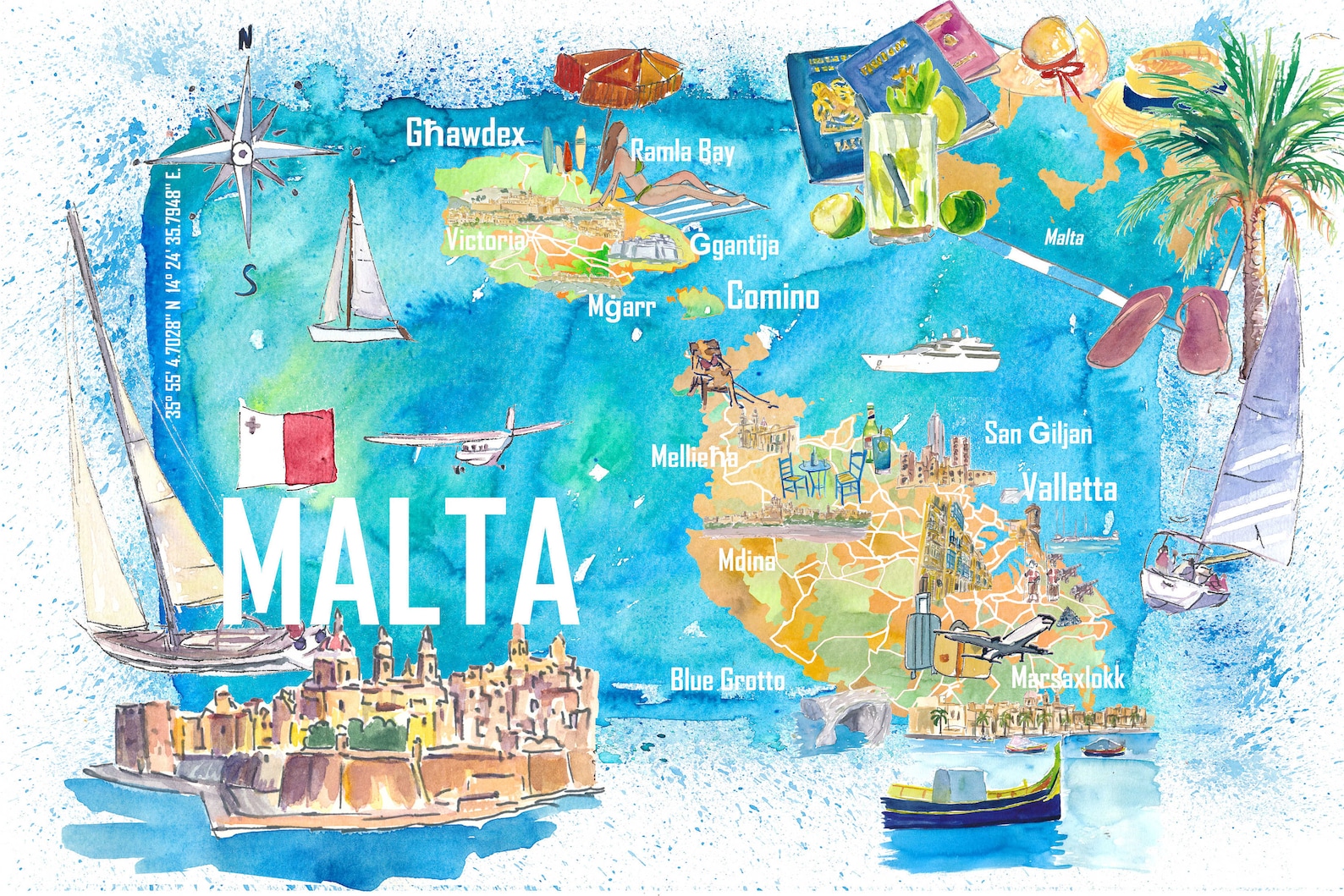 Malta Illustrated Island Travel Map with Roads and Highlights | Etsy
