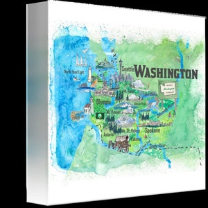 USA Washington State Travel Poster Illustrated Art Map - Fine Art Print ...
