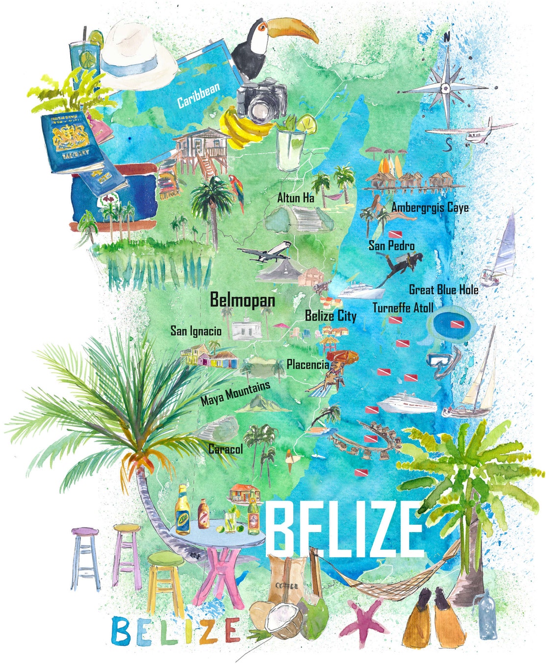 Belize Caribbean Illustrated Travel Map With Roads and Tourist ...