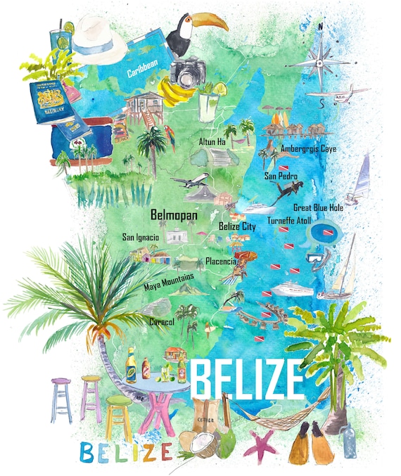 Belize Caribbean Illustrated Travel Map With Roads and Tourist | Etsy