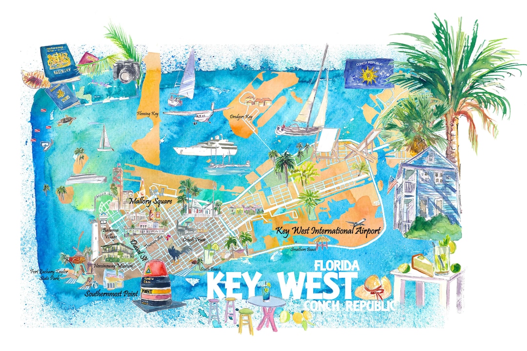 Key West Florida Illustrated Travel Map With Roads and Highlights - Etsy