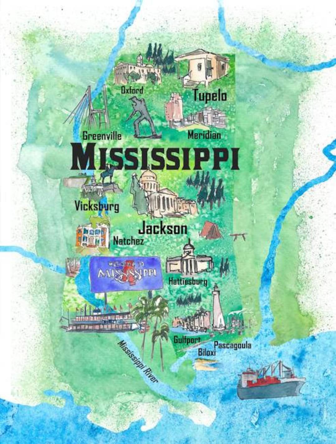 USA Mississippi State Travel Poster Map With Tourist Highlights - Etsy