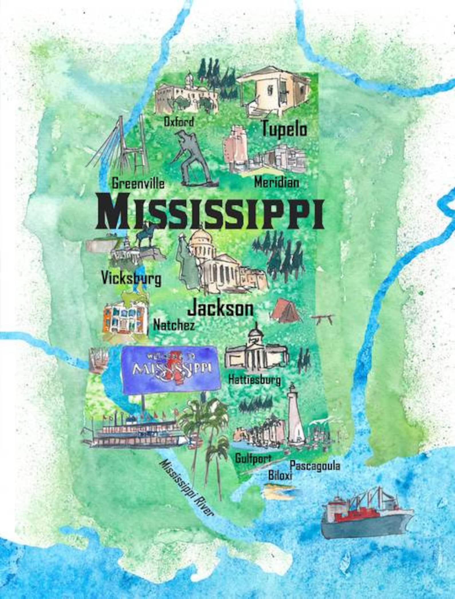USA Mississippi State Travel Poster Map With Tourist - Etsy
