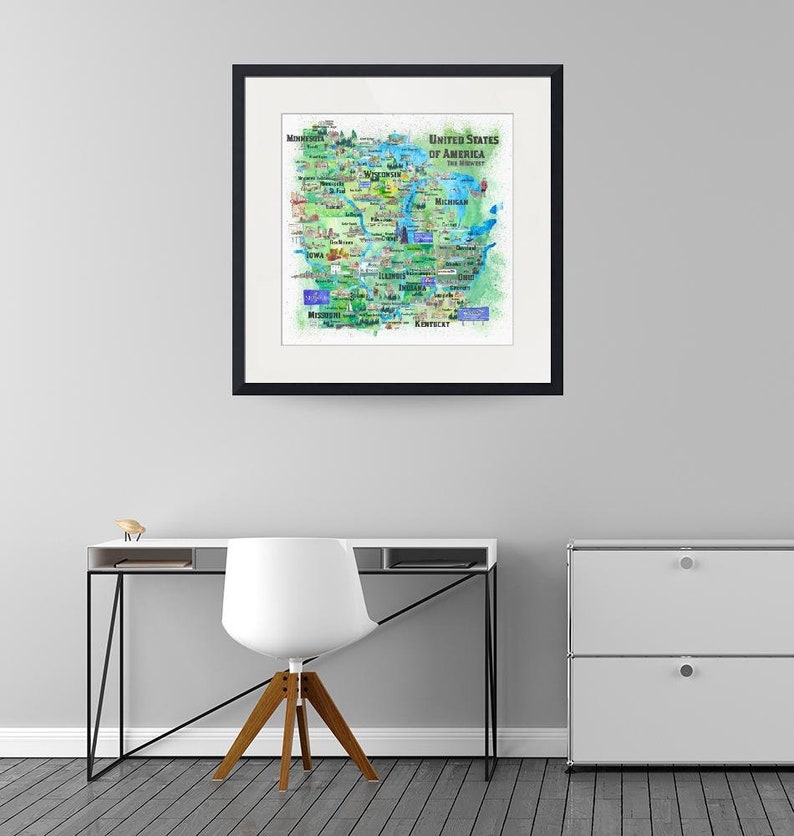 USA Midwest State Illustrated Travel Poster Map With Touristic - Etsy