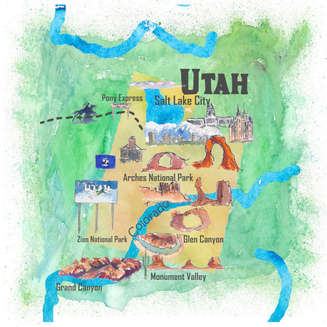 USA Utah State Travel Poster Illustrated Art Map - Fine Art Print - Etsy