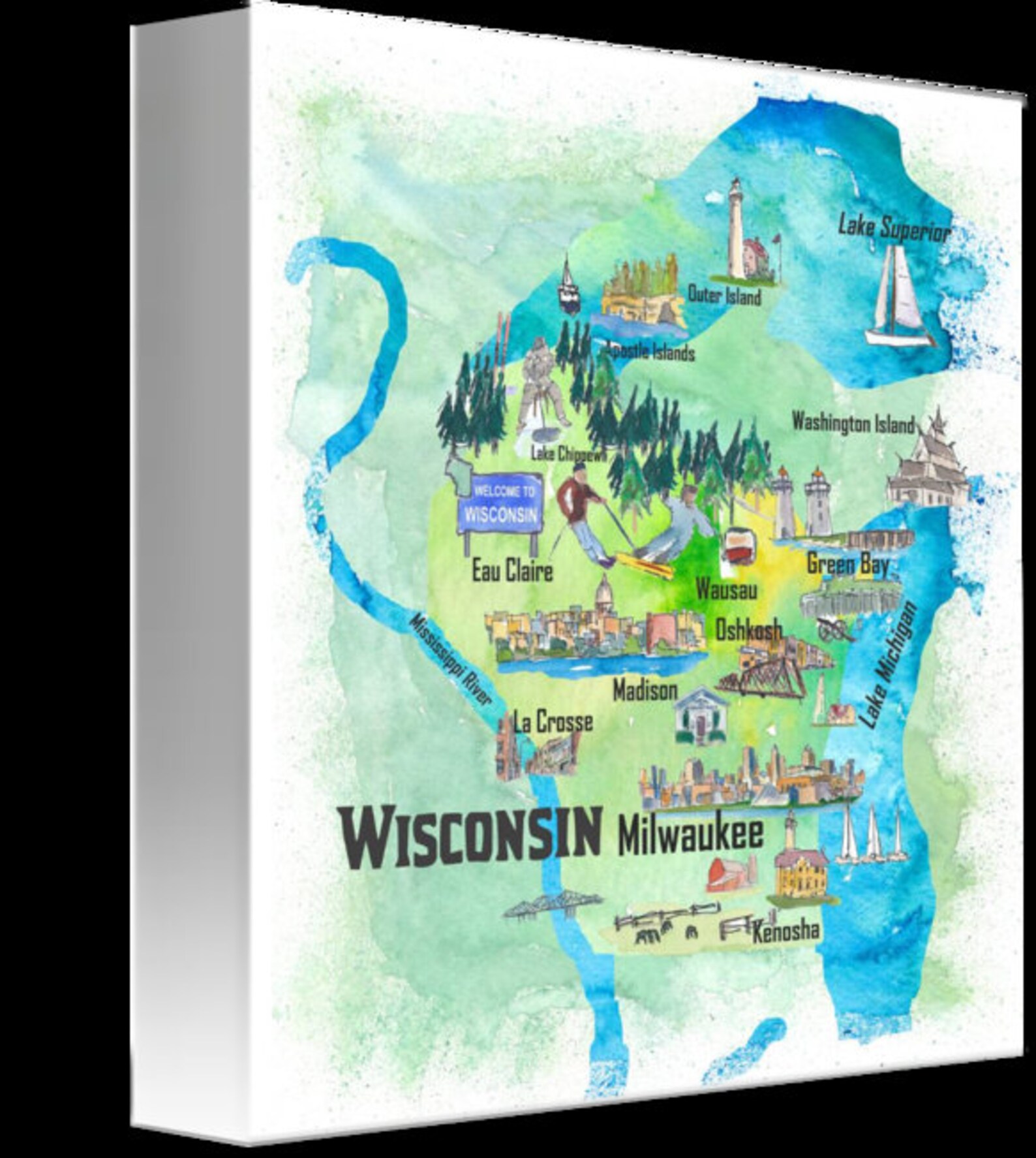 USA Wisconsin State Illustrated Travel Poster Map with Tourist | Etsy