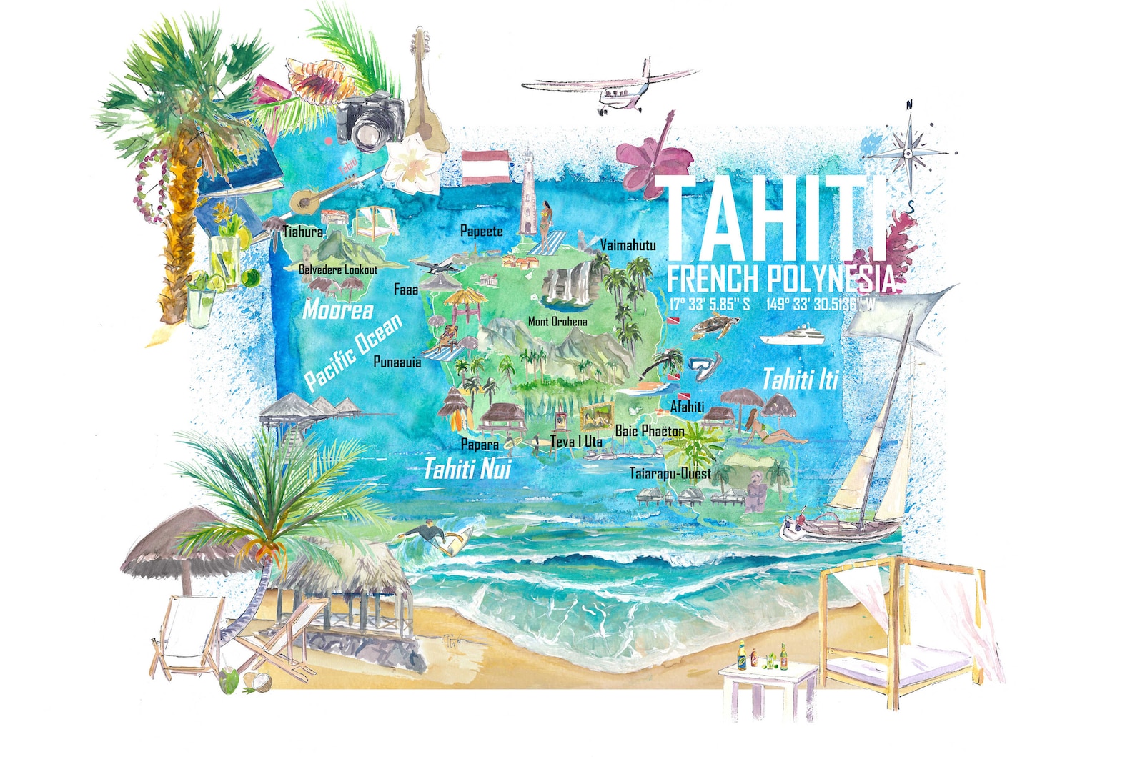 Tahiti Illustrated Travel Map With Roads and Highlights Fine Art Print ...