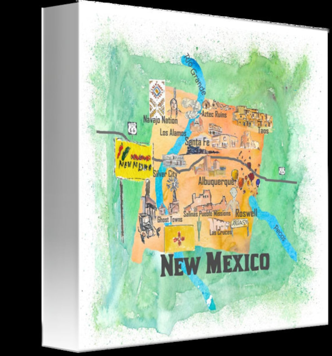 USA New Mexico State Travel Poster Illustrated Art Map - Fine Art Print ...