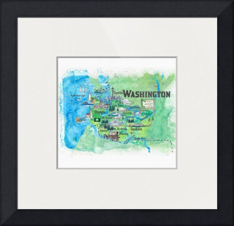 USA Washington State Travel Poster Illustrated Art Map Fine | Etsy