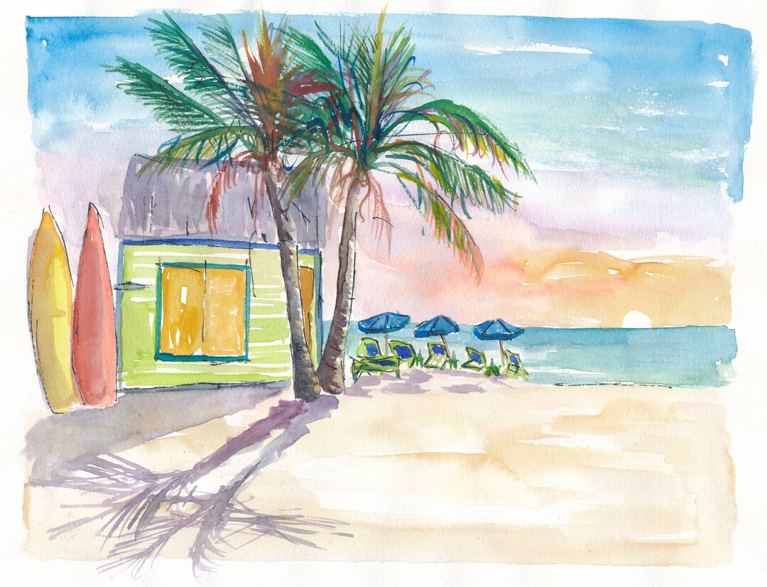 Caribbean Surf Beach Bar Boards and Sunset - Original Painting & Print ...
