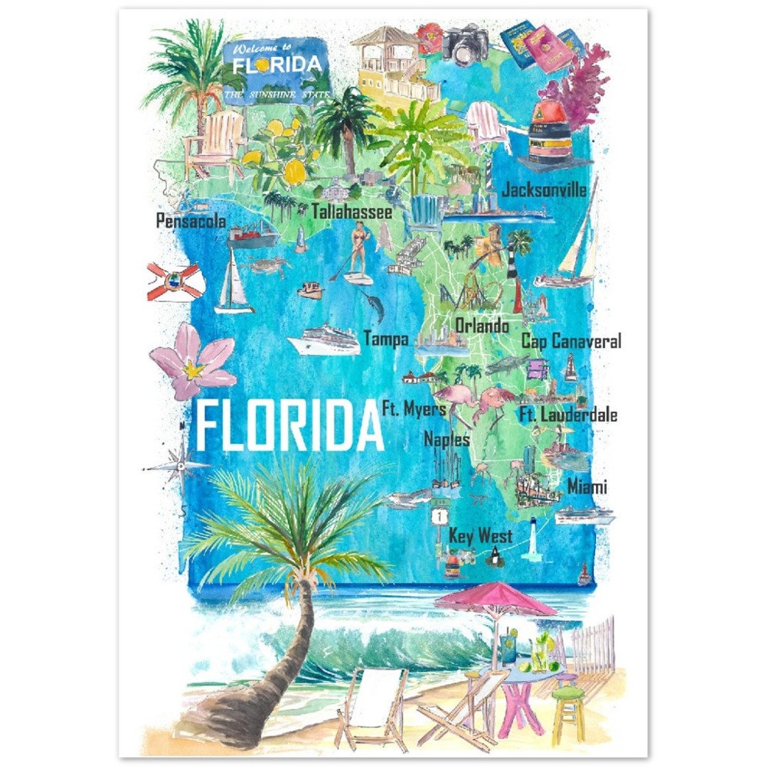 Florida USA Illustrated State Map With Roads and Tourist Highlights - Etsy