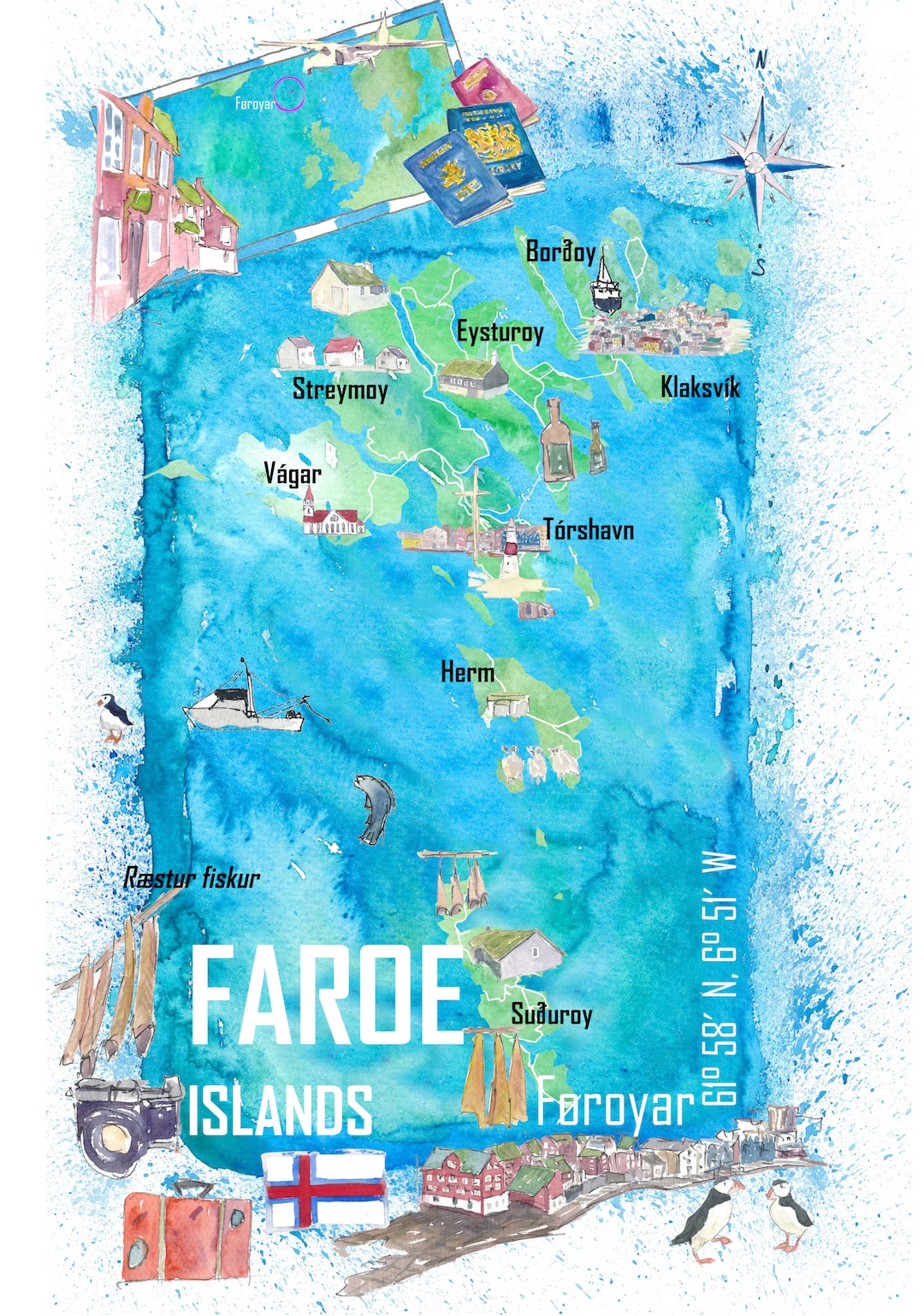 Faroe Islands Illustrated Travel Map With Touristic Highlights - Etsy