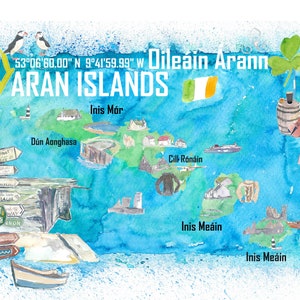 Aran Islands Ireland Illustrated Travel Map With Tourist Highlights ...
