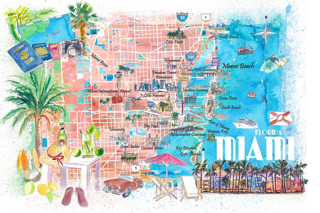 Miami Florida Illustrated Travel Map With Roads and Highlights - Etsy
