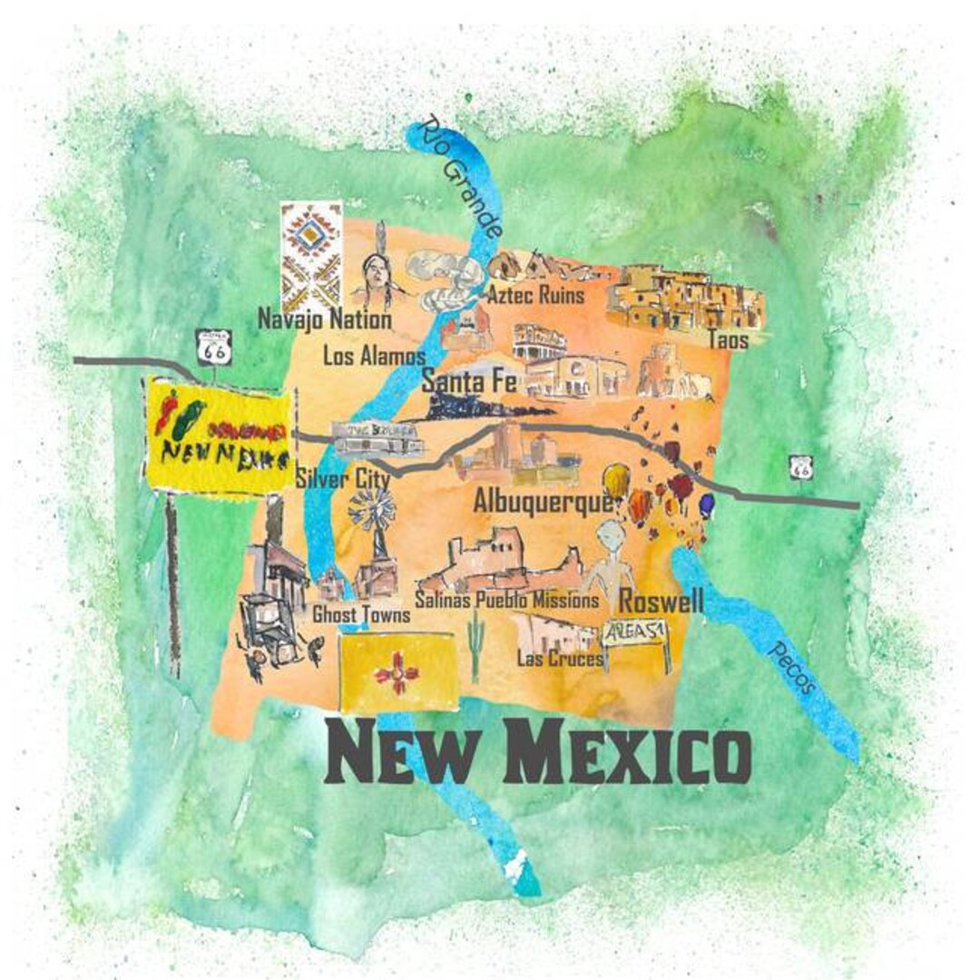 USA New Mexico State Travel Poster Illustrated Art Map - Fine Art Print ...