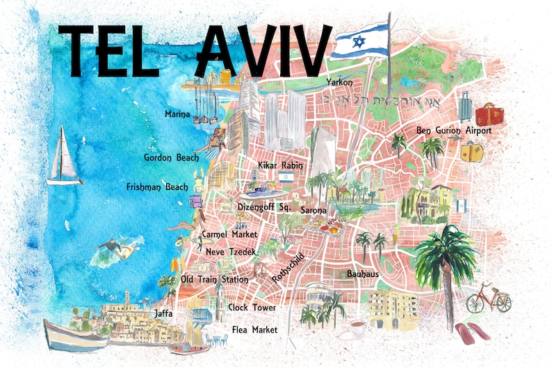 Tel Aviv Israel Illustrated Map With Roads Landmarks and - Etsy