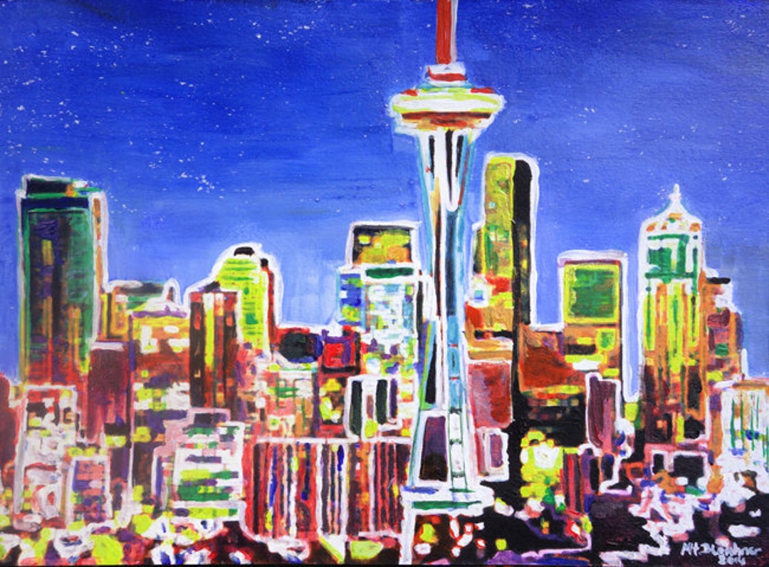 Neon Shimmering Skyline of Seattle With Space Needle With Stars at ...