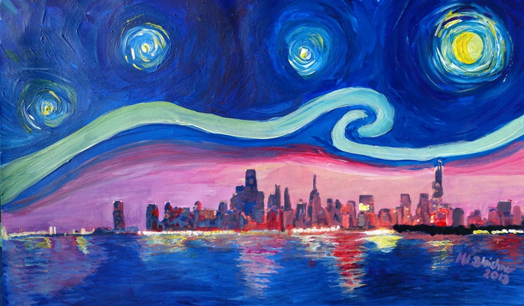 Starry Night in Chicago Illinois With Lake Michigan and Van Gogh ...