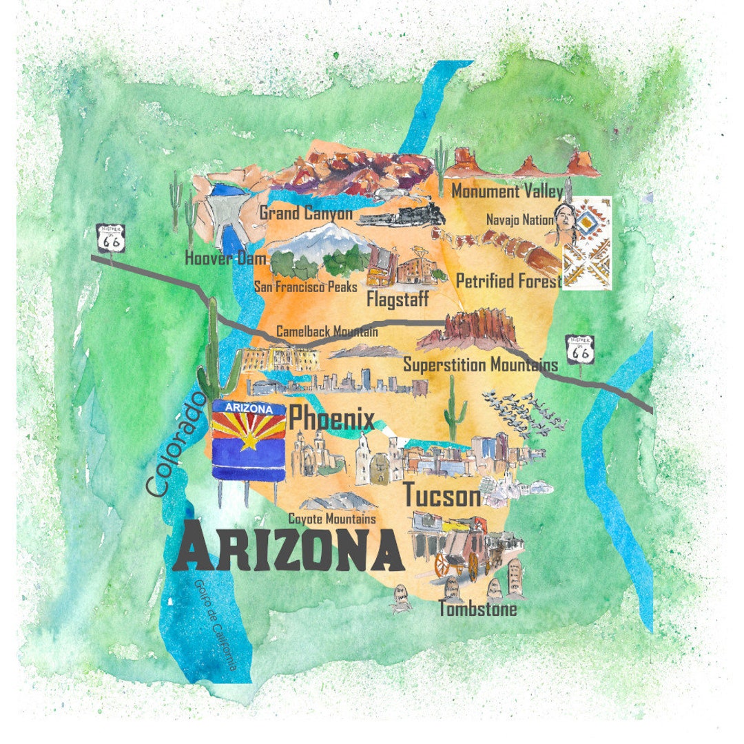 USA Arizona State Travel Poster Illustrated Art Map - Fine Art Print - Etsy
