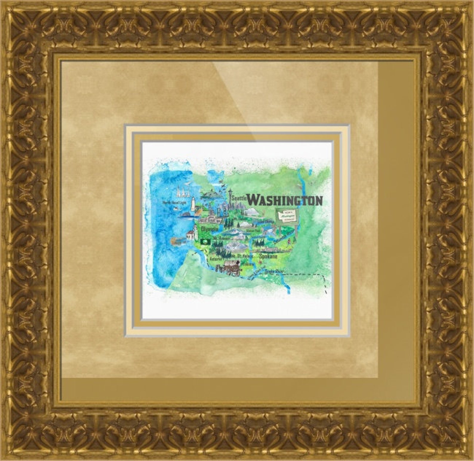 USA Washington State Travel Poster Illustrated Art Map Fine - Etsy