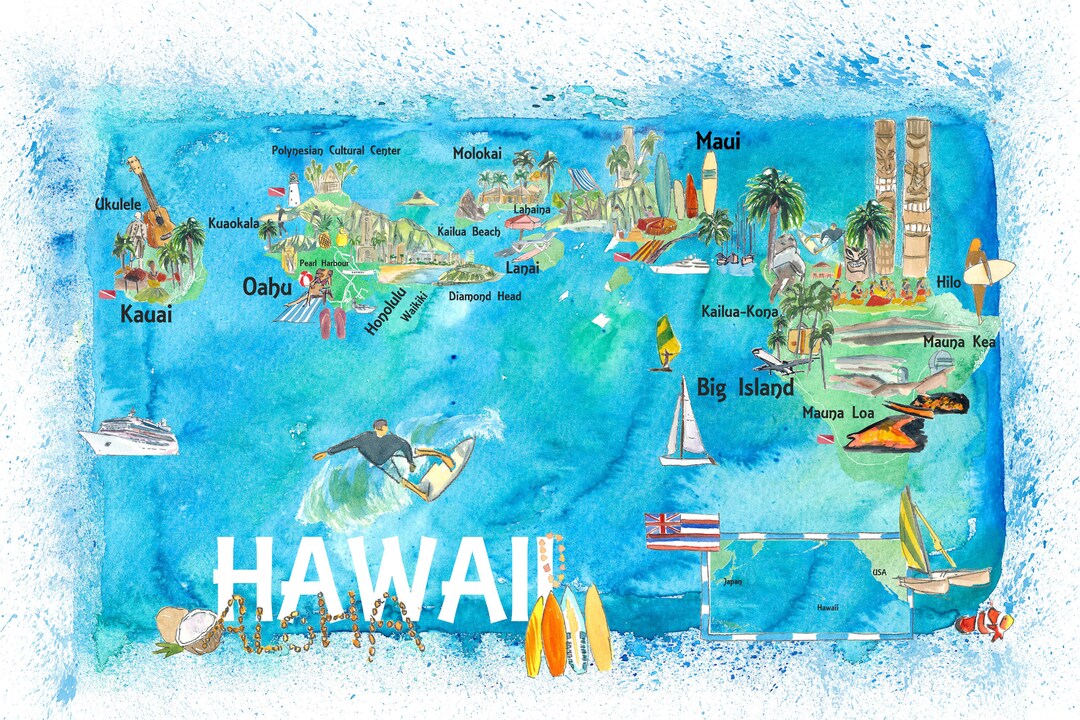 Hawaii USA Illustrated Map With Landmarks and Highlights - Etsy