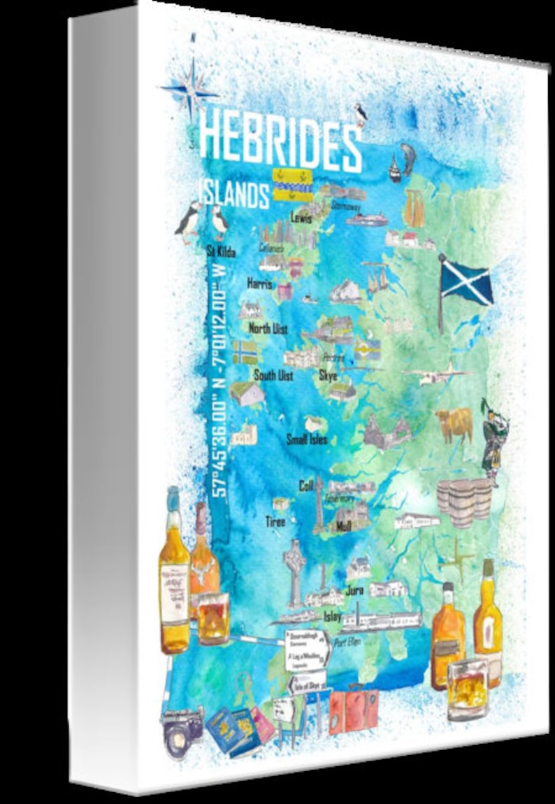 Mapa ilustrado de las Islas Hébridas con lugares turísticos destacados ...