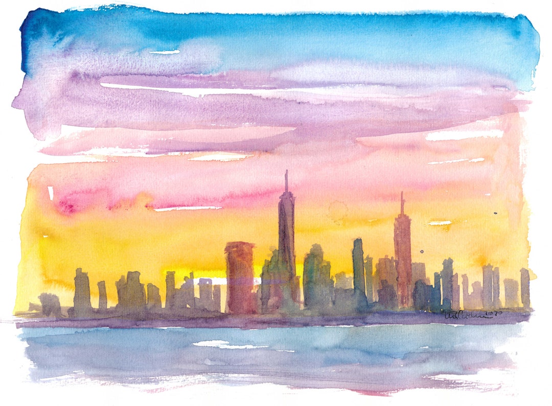 New York City Skyline in Golden Sunset Mood - Original Painting & Art ...