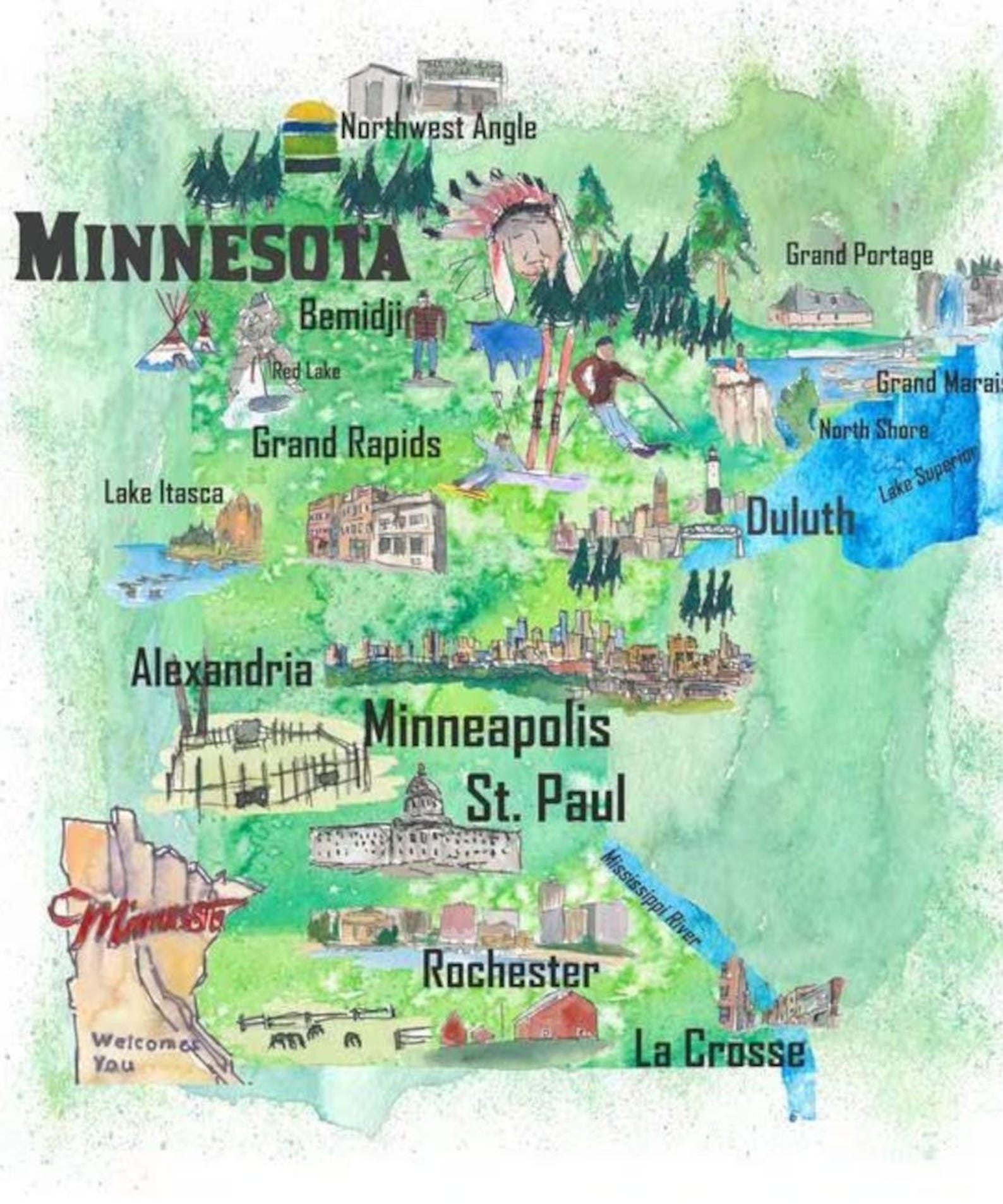 USA Minnesota State Illustrated Travel Poster Map With Touristic ...