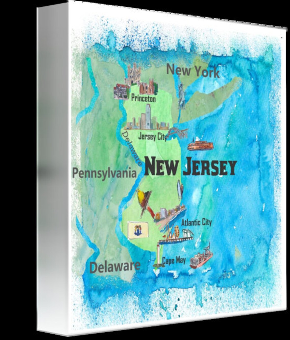 USA New Jersey State Travel Poster Map With Touristic - Etsy