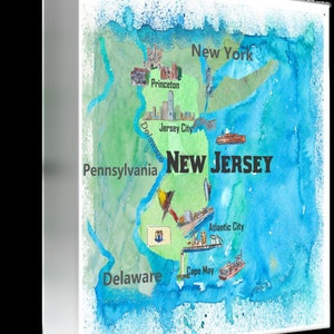 USA New Jersey State Travel Poster Map With Touristic Highlights - Fine ...
