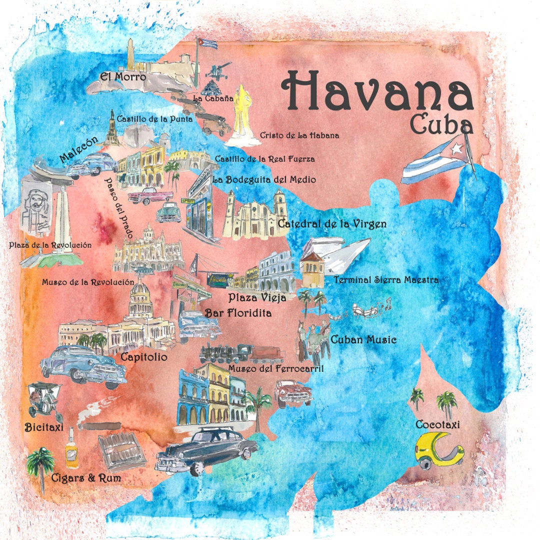 Havana Cuba Illustrated Travel Poster Favorite Sightseeing Map - Fine ...